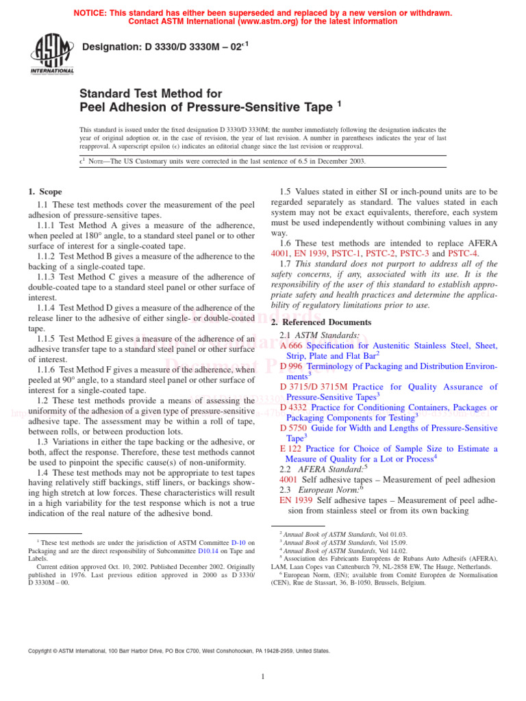 ASTM D3330 D3330M 02e1 | PDF | Materials