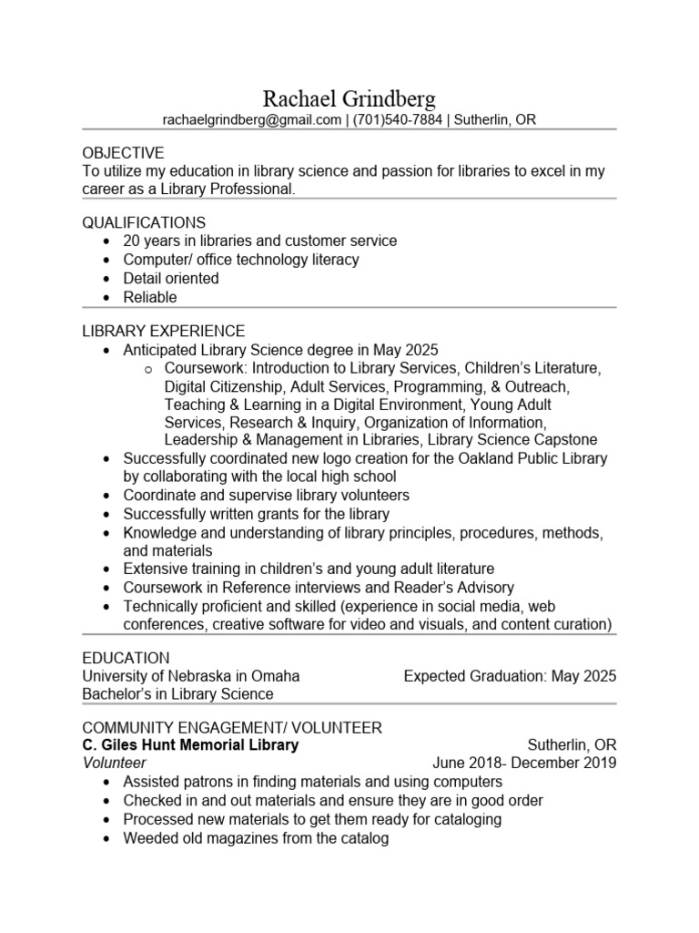 Library Professional Resume Overview | PDF | Libraries | Public Library