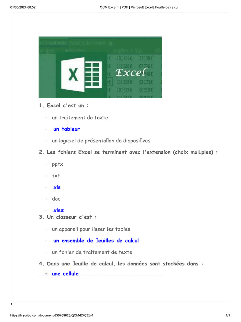 QCM Excel 1 PDF Microsoft Excel Feuille de Calcul | PDF