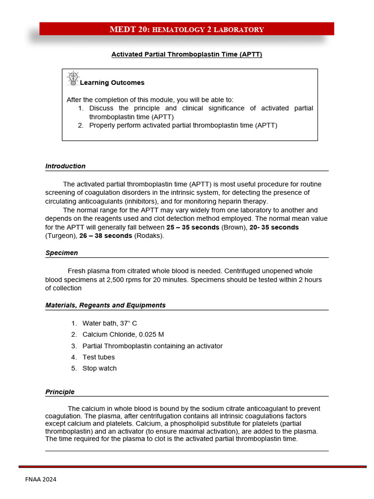 APTT Test Procedure and Significance | PDF | Coagulation | Platelet
