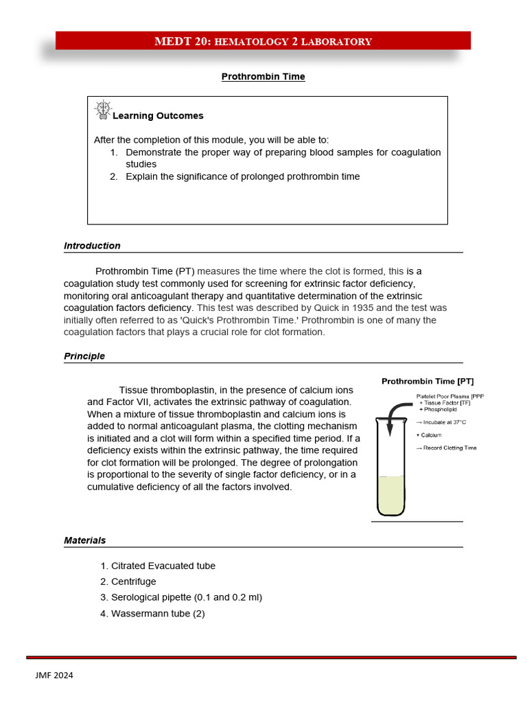 5 Hema 2 Laboratory Manual-PT | PDF | Coagulation | Body Fluids