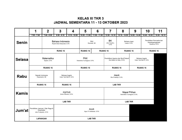 Jadwal Kelas Xi Tkr 11 13 Oktober 2023 Pdf