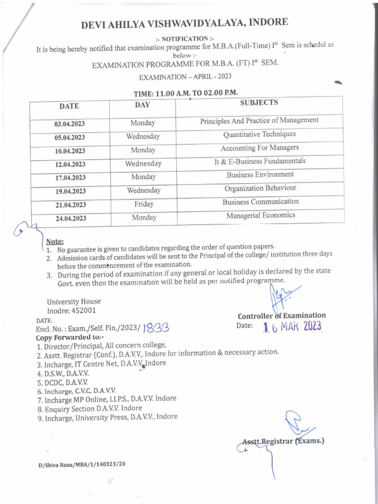 MBA 1st Sem Timetable | PDF