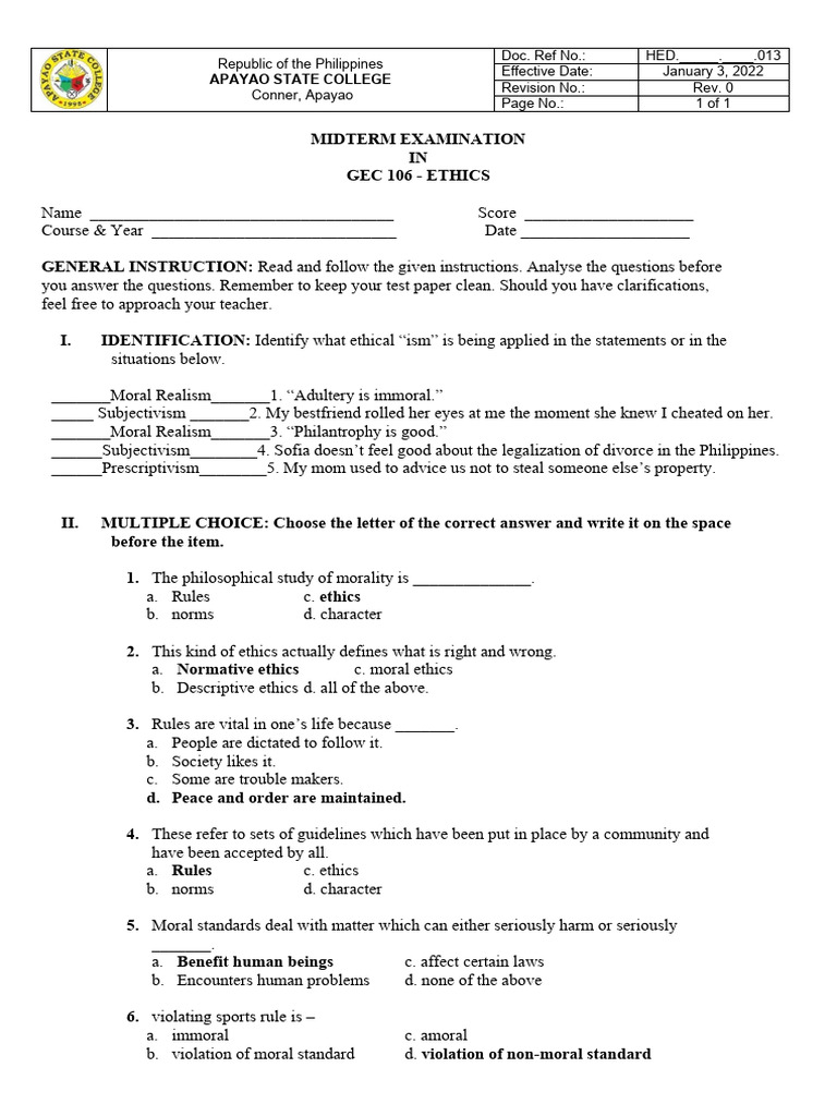 Ethics Midterm Exam | PDF | Morality | Liberal Arts Education