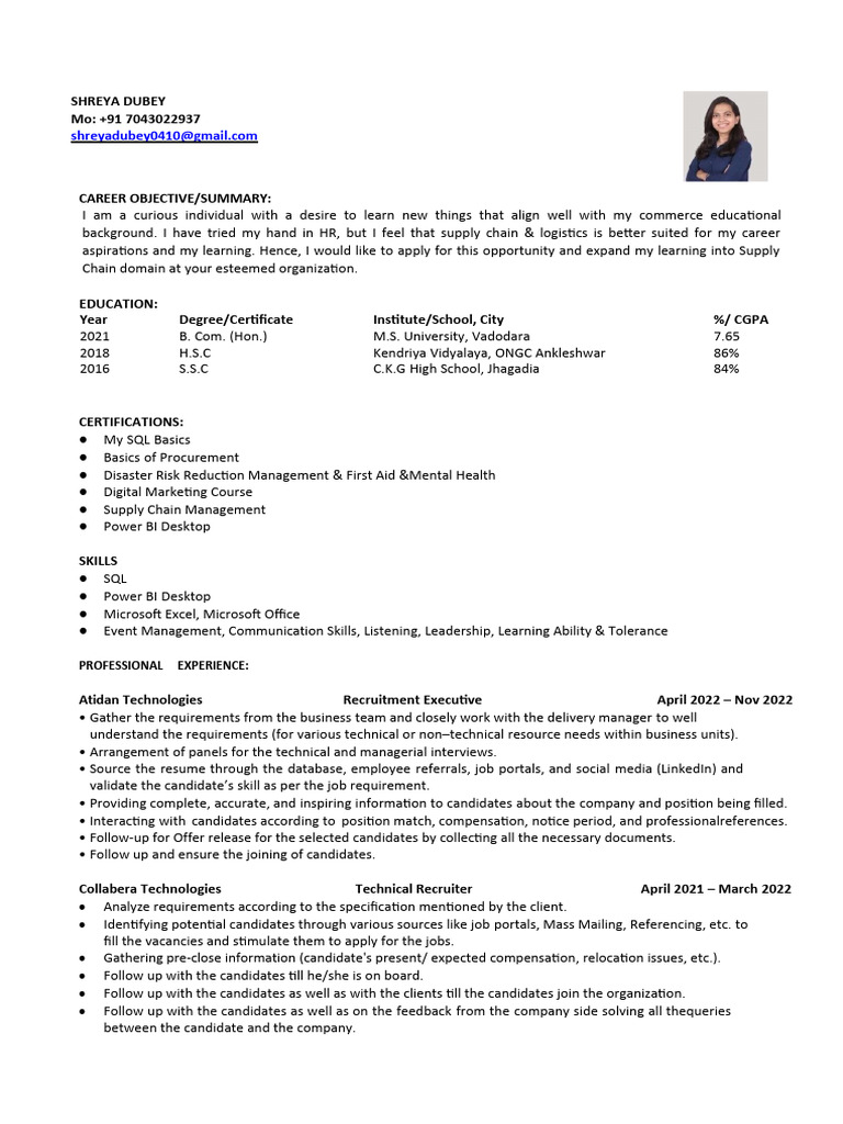 Shreya Resume - Supply Chain-1 | Download Free PDF | Recruitment | Business