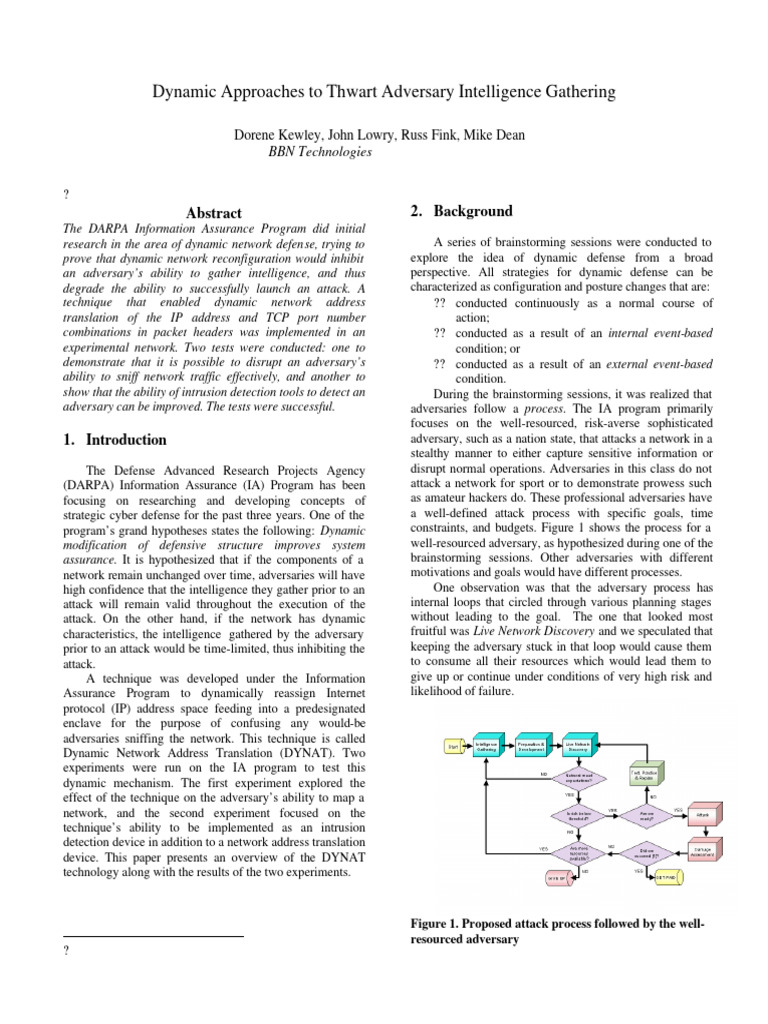 Dynamic Approaches To Thwart Adversary Intelligence Gathering | PDF | Transmission Control ...