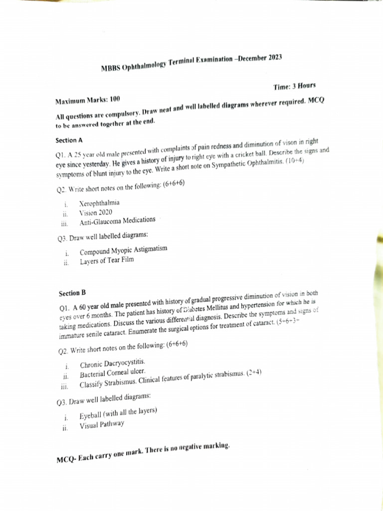 Ophthalmology Exam Paper Dec 2023 | PDF | Ophthalmology | Cataract