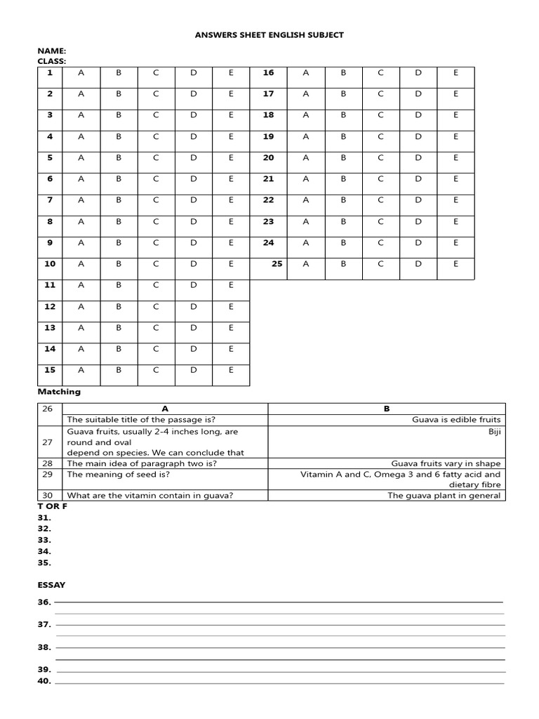 Answers Sheet English Subject | PDF