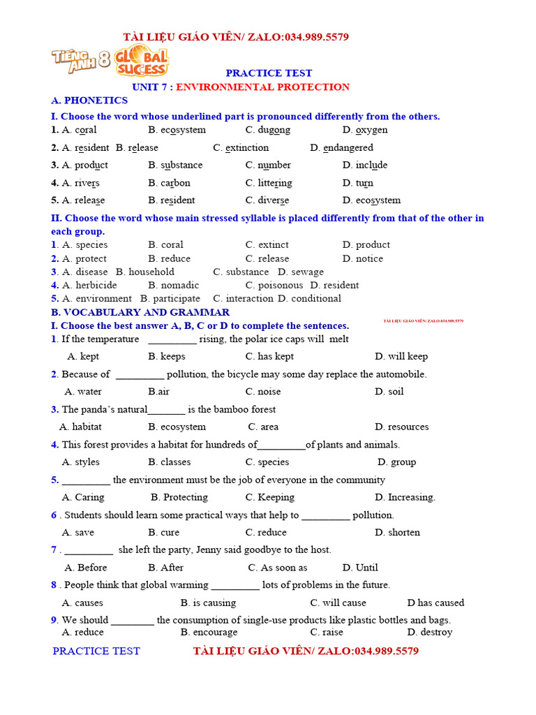 Practice Test Unit 7 | PDF | Extinction | Human Impact On The Environment