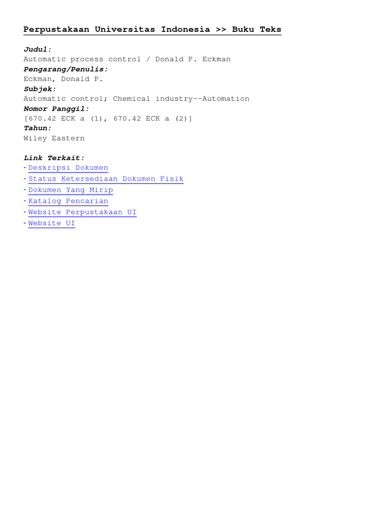 Perpustakaan Universitas Indonesia Buku Teks: Automatic Process Control / Donald P. Eckman | PDF