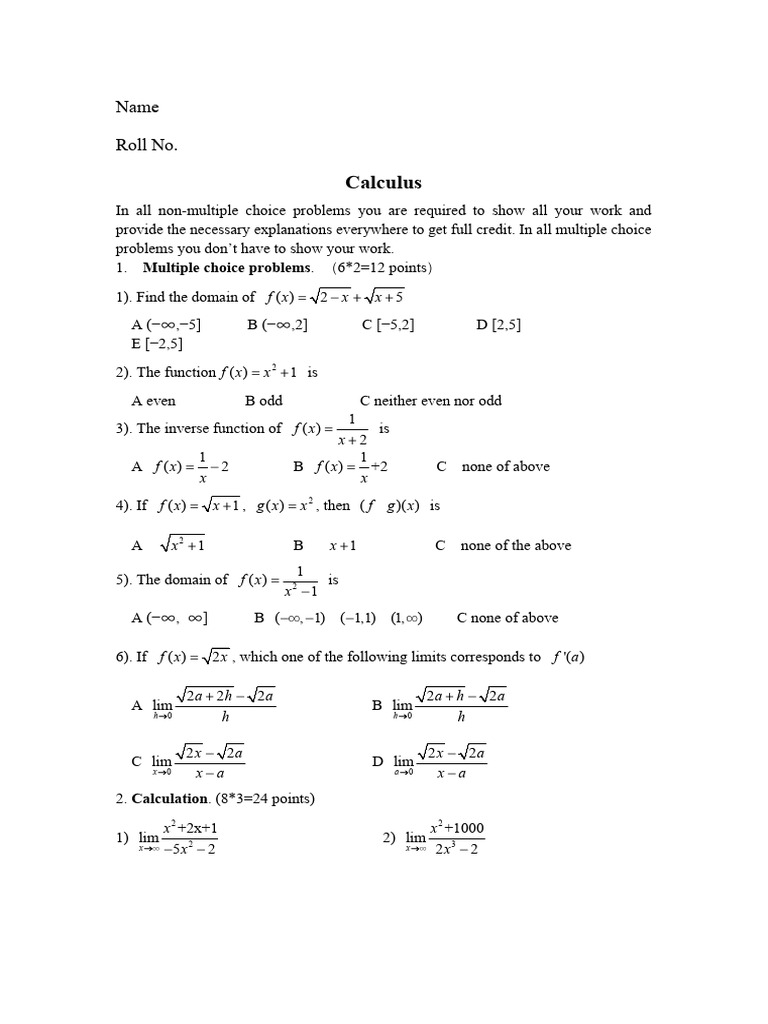 Sample Paper For Calculus | PDF | Trigonometric Functions | Slope