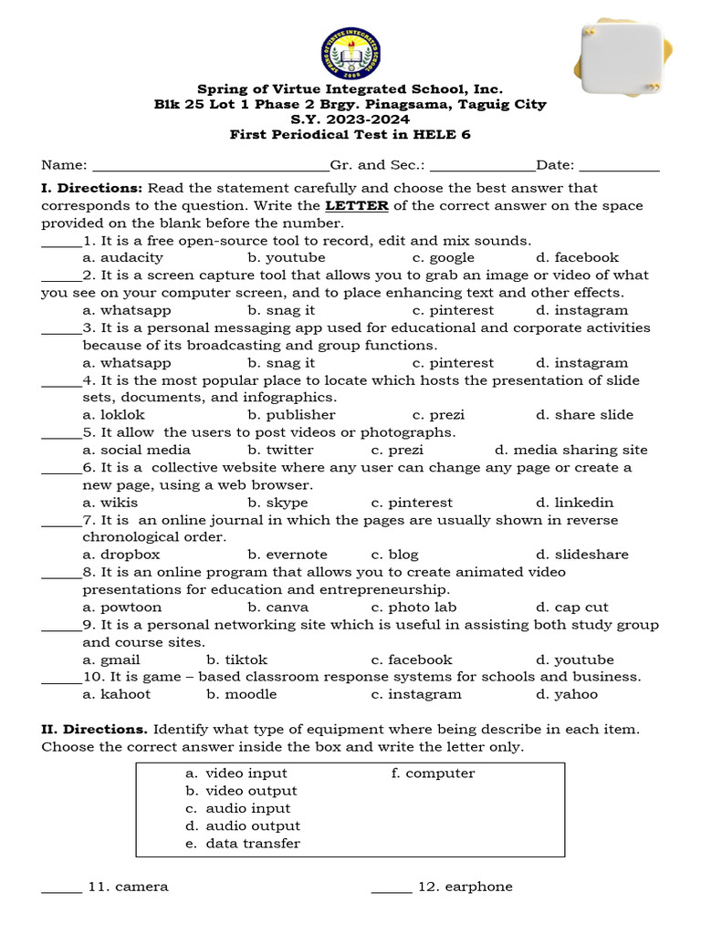 Grade 6 HELE Test | PDF | Facebook | Educational Technology