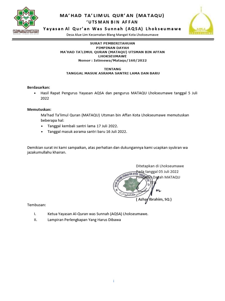 Surat Pemberitahuan Masuk Ke Asrama Dan Perlengkapan Yang Harus Dibawa Oleh Santri Baru | PDF