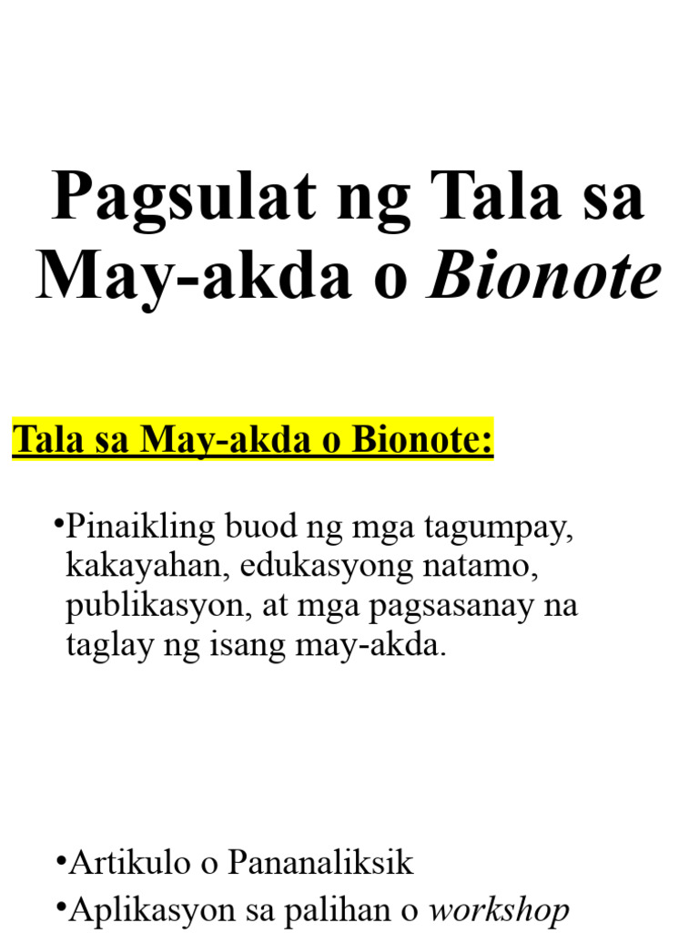 Pagsulat NG Tala Sa May Akda o Bionote | PDF