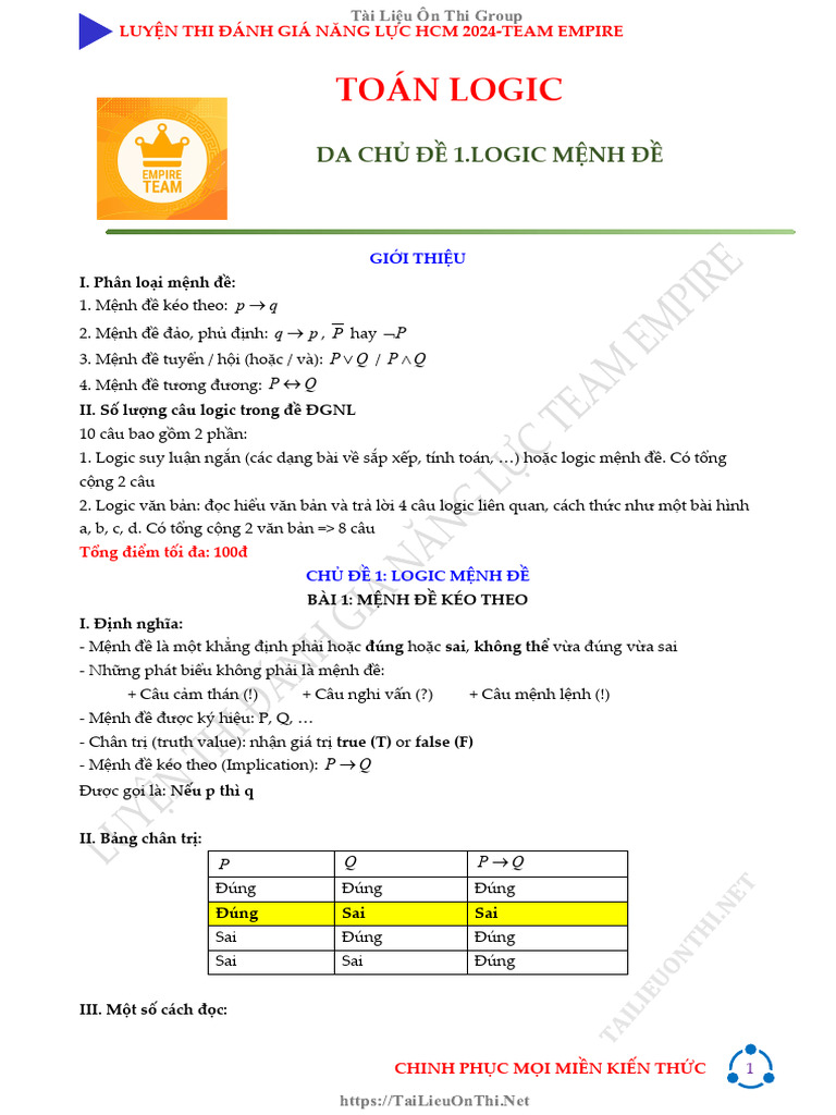 Da Chủ Đề 1.Logic Mệnh Đề | PDF