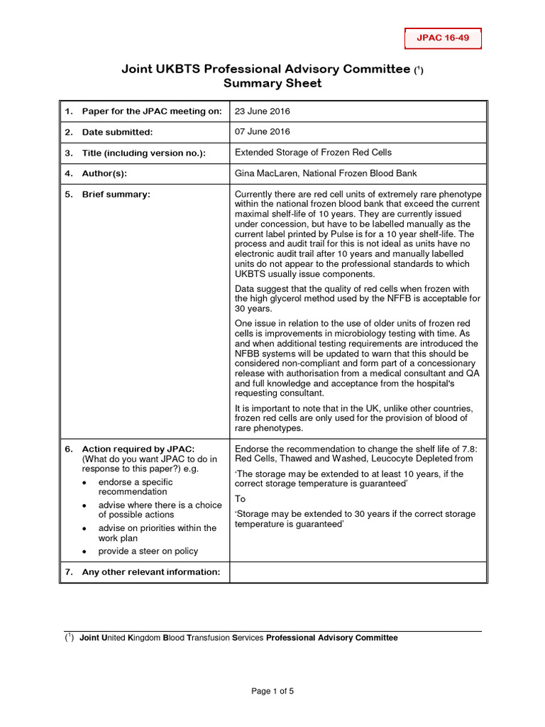 JPAC 16-49 - Extended Storage of Frozen Red Cells | PDF | Blood ...