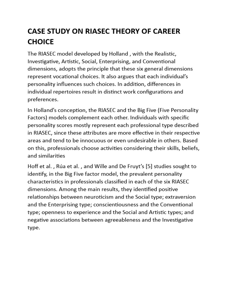Case Study On Riasec Theory of Career Choice | PDF