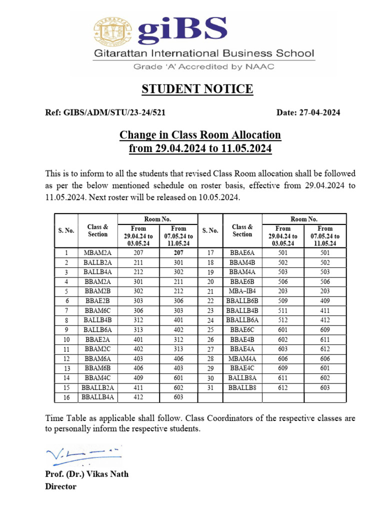 Student Notice: Change in Class Room Allocation From 29.04.2024 To 11. ...