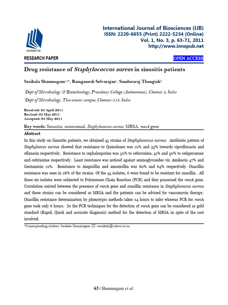 Drug Resistance of Staphylococcus Aureus in Sinusitis Patients | PDF | Methicillin Resistant ...
