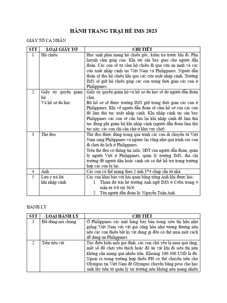 Hành Trang TR I Hè Ims 2023 | PDF