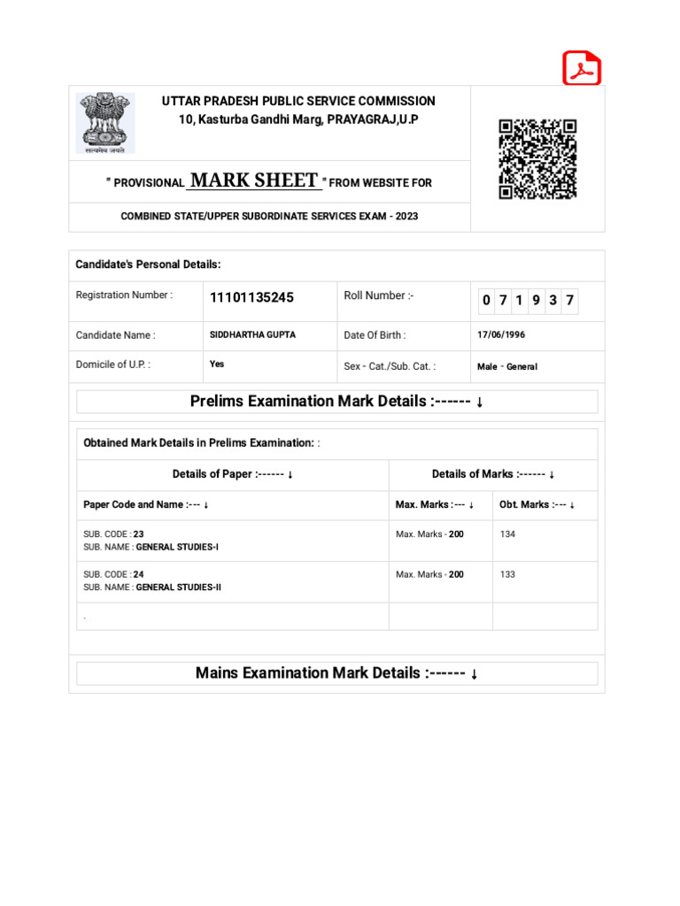 Result - Mark Sheet For Examination | PDF