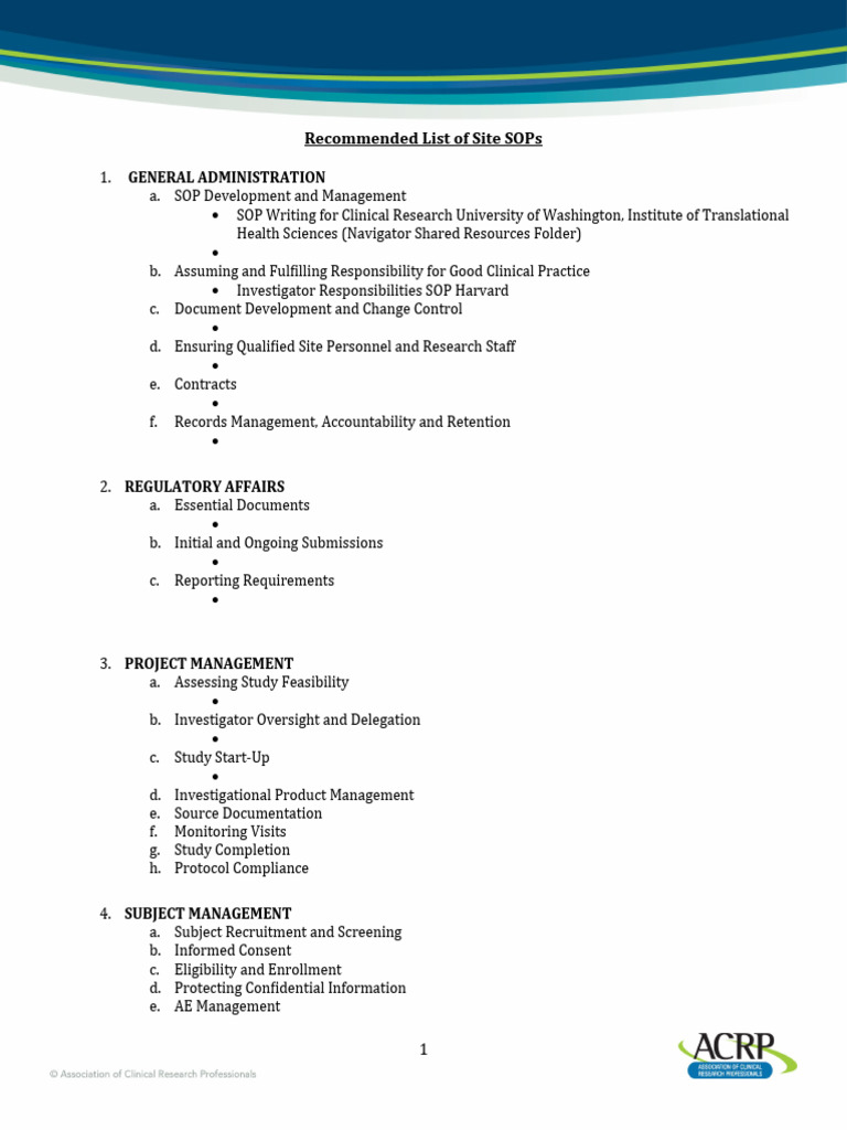 Recommended List of Site SOPs ACRP | PDF