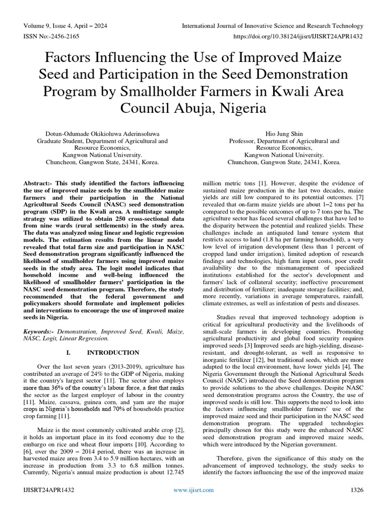 Factors Influencing The Use of Improved Maize Seed and Participation in The Seed Demonstration ...
