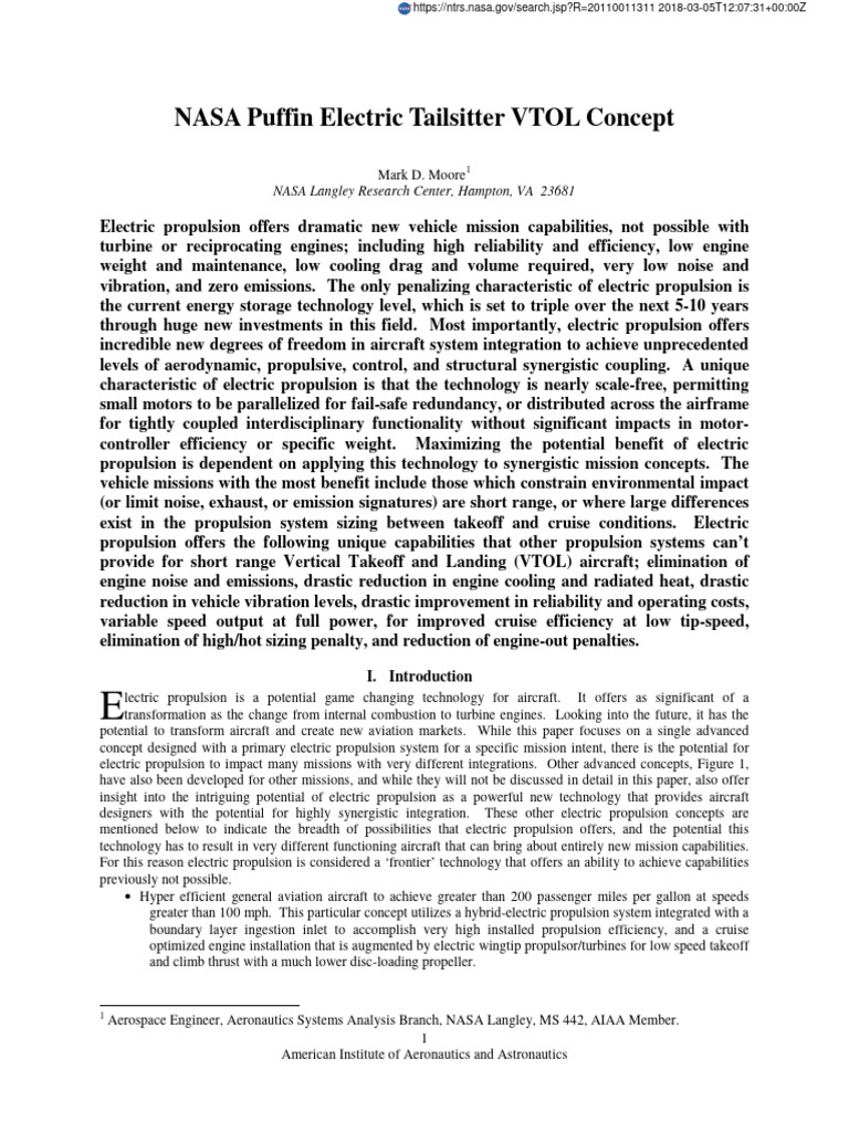 NASA Puffin Electric Tailsitter VTOL Concept: NASA Langley Research ...