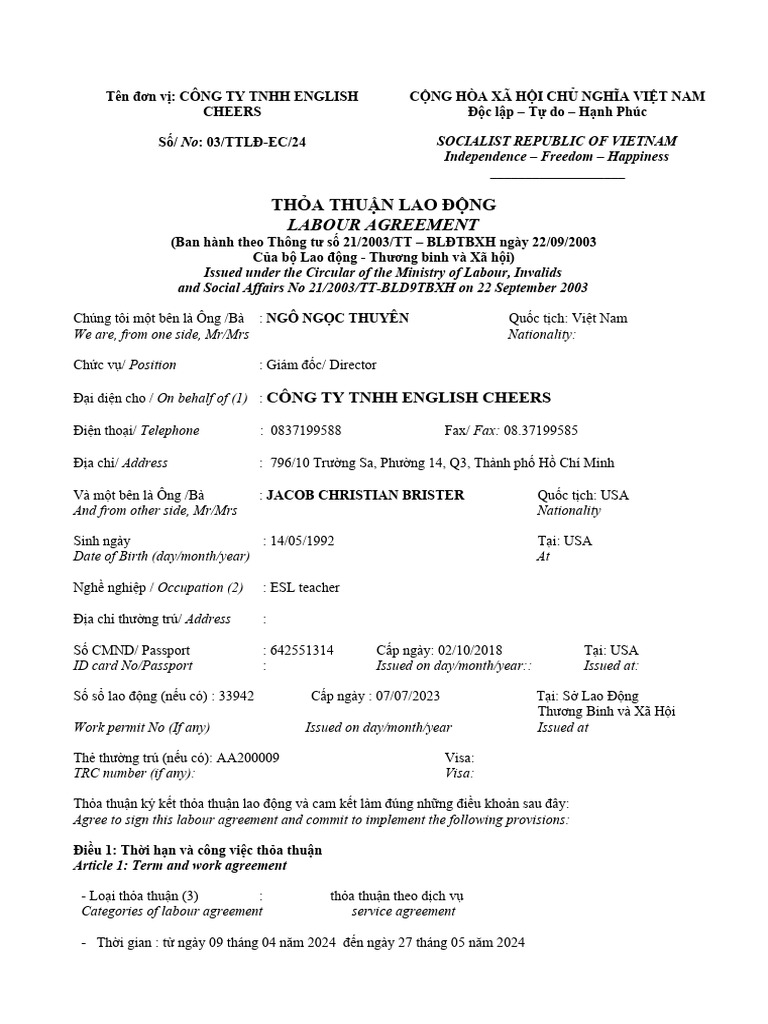 MR Jacob's Labour Agreement | PDF