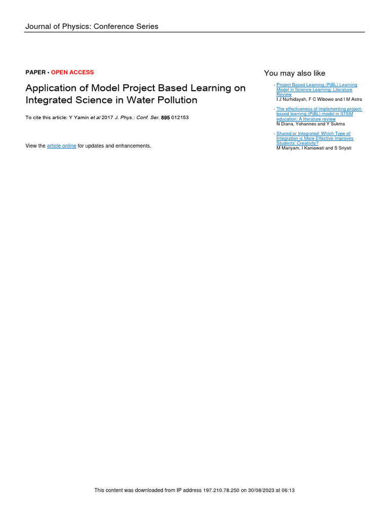 Application of Model Project Based Learning On Integrated Science in Water Pollution | PDF ...