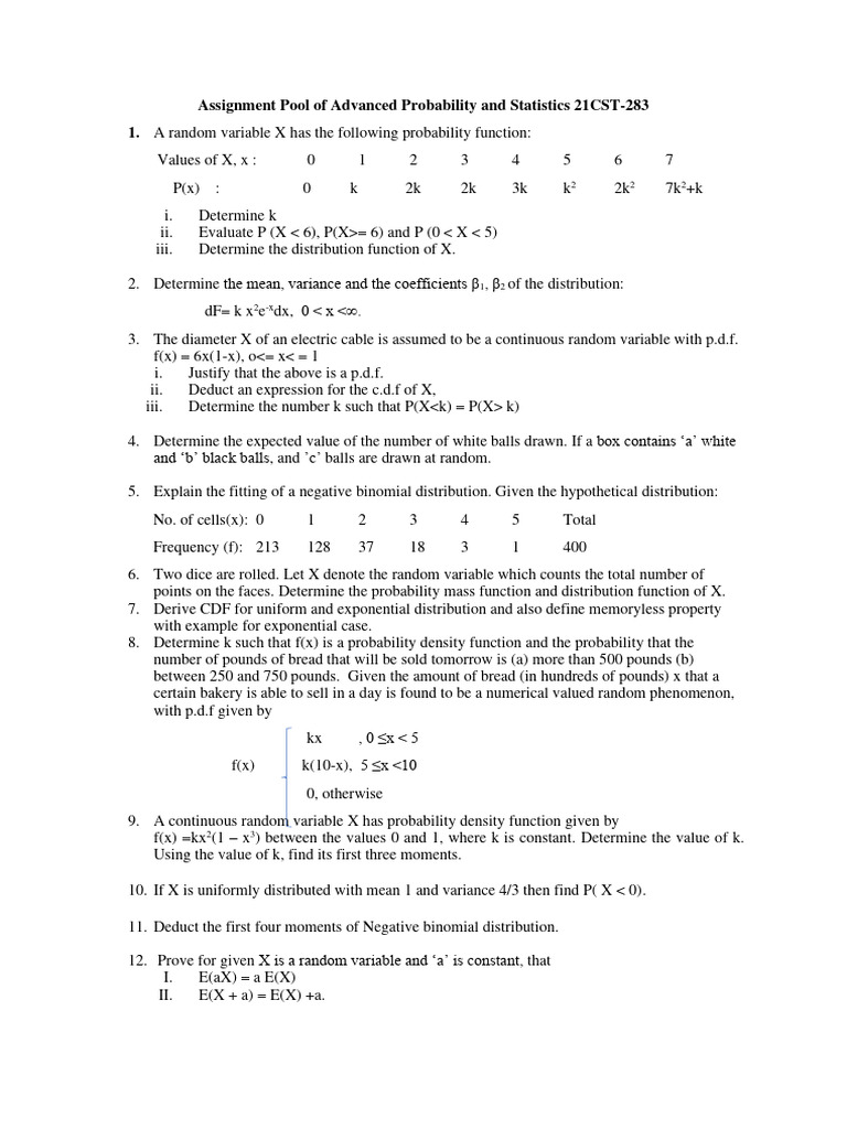 Assignment-1 Pool | PDF | Probability Distribution | Random Variable