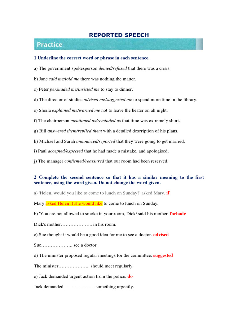 Reported Speech Exercises | PDF