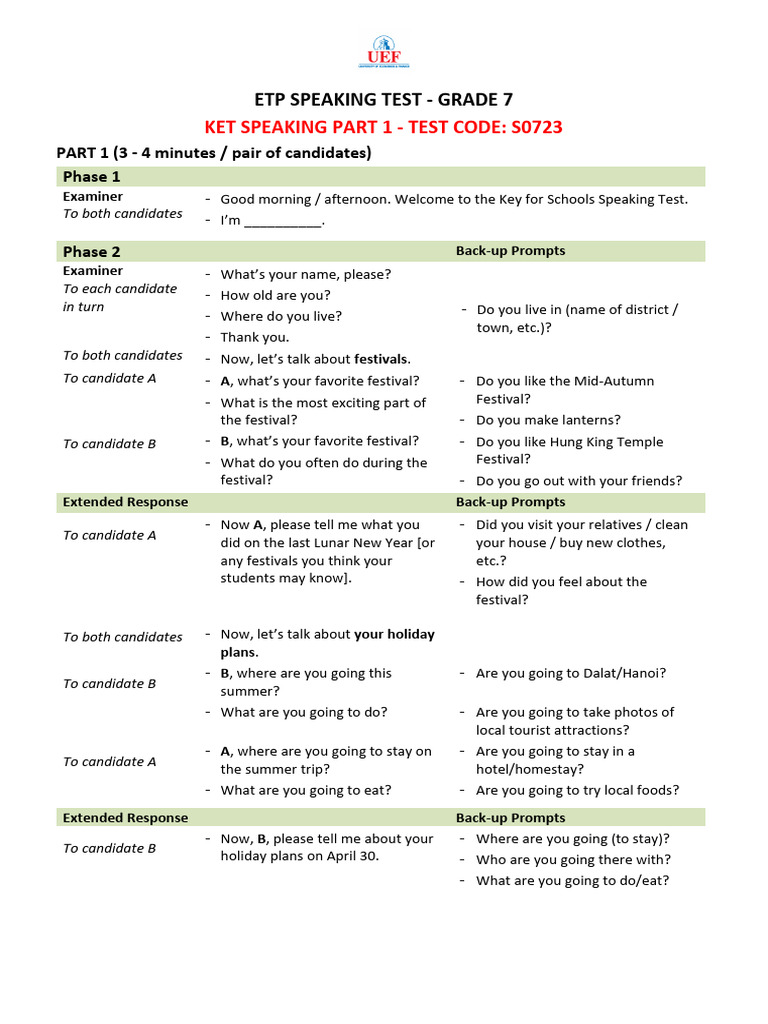 Grade 7 Speaking Test Guide | PDF | Festival | Observances