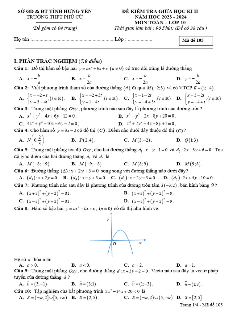 De Giua Ky 2 Toan 10 Nam 2023 2024 Truong THPT Phu Cu Hung Yen | PDF