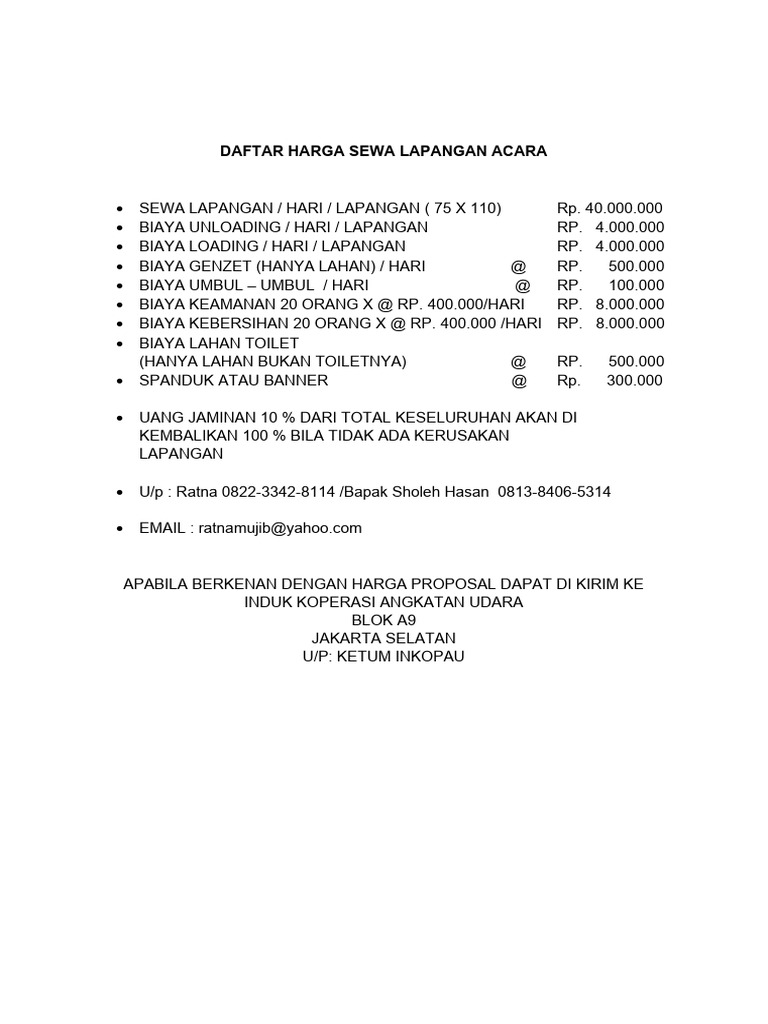 Daftar Harga Sewa Lapangan Acara | PDF