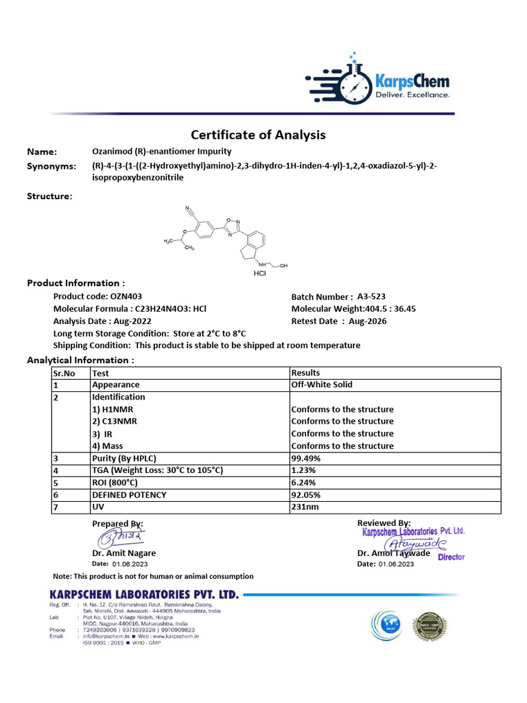 Sample Coa | PDF | Proton Nuclear Magnetic Resonance | Scientific Techniques