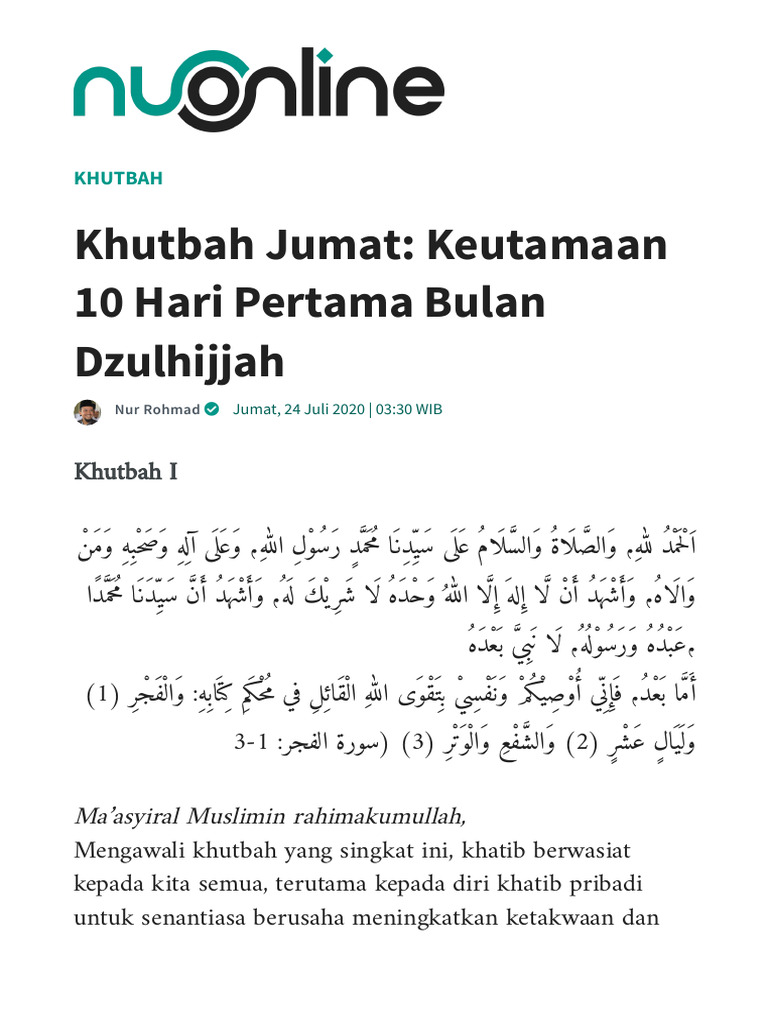 Khutbah Jumat - Keutamaan 10 Hari Pertama Bulan Dzulhijjah - NU Online | PDF