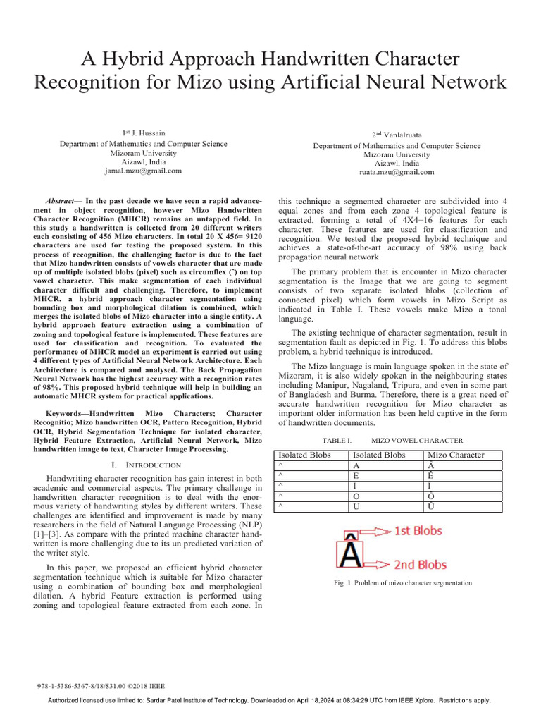 A Hybrid Approach Handwritten Character Recognition For Mizo Using Artificial Neural Network ...