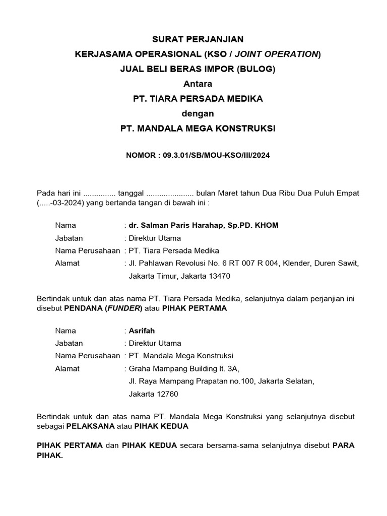 Draft MOU KSO Supply Beras BULOG (360 Ton) | PDF