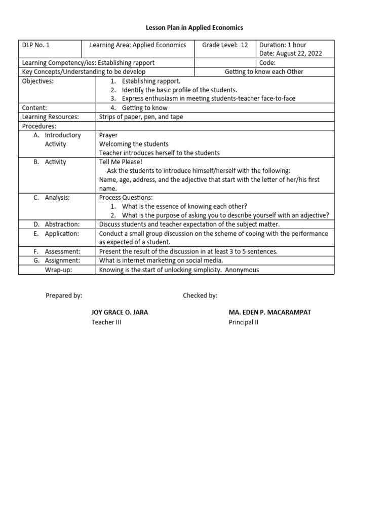 Lesson Plan in Applied Economics | PDF | Microeconomics | Economics
