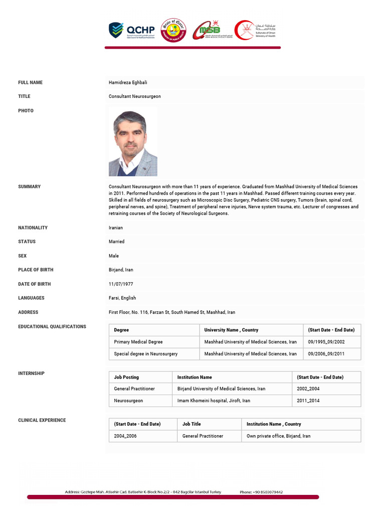 Resume - Hamidreza Eghbali | PDF | Neurosurgery | Diseases And Disorders
