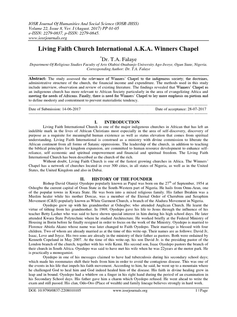 Living Faith Church International A.K.A. Winners Chapel: Dr. T.A. Falaye | PDF | Faith Healing ...