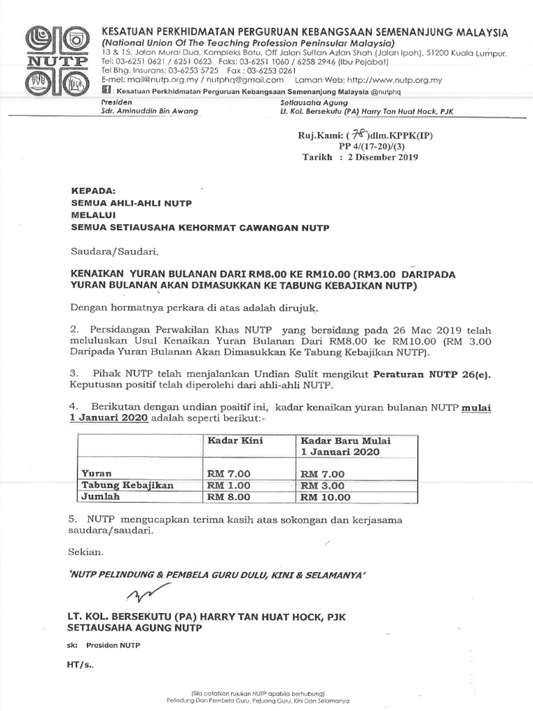 Kenaikan Yuran Bulanan Dari RM8.00 Ke RM10.00 RM3.00 Daripada Yuran Bulanan Akan Dimasukkan Ke ...
