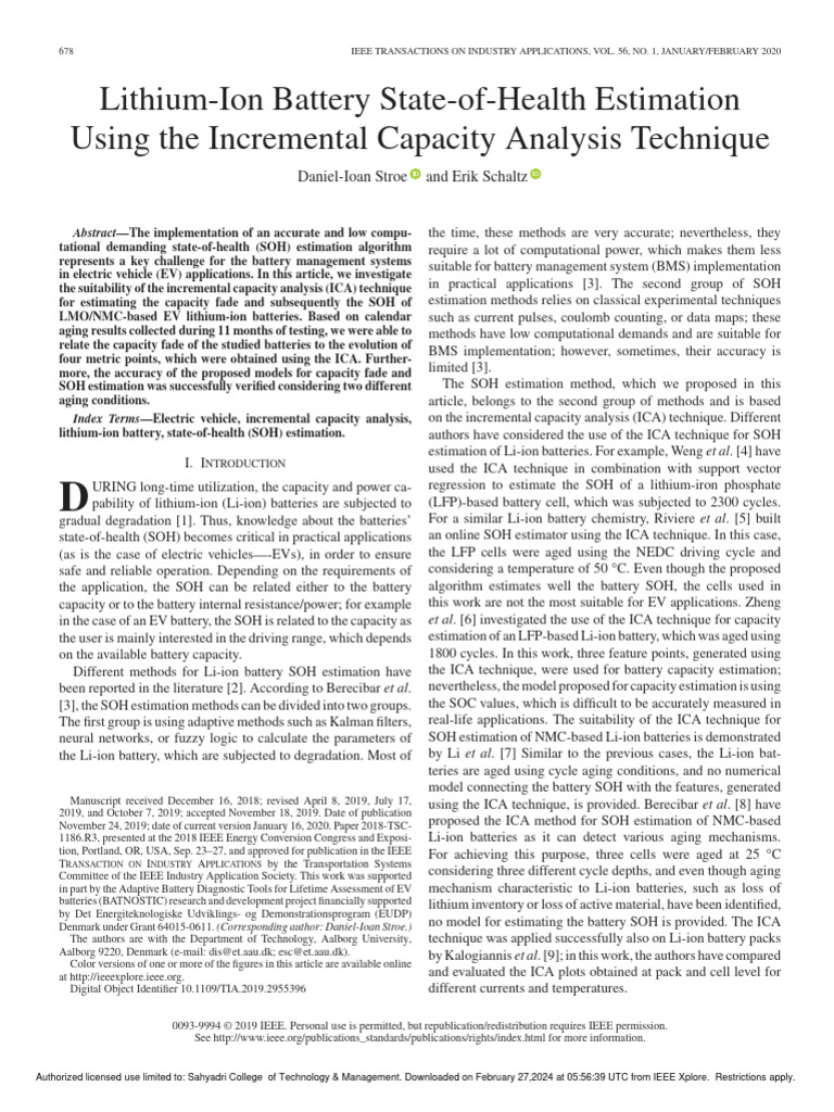 Lithium-Ion Battery State-Of-Health Estimation Using The Incremental Capacity Analysis Technique ...