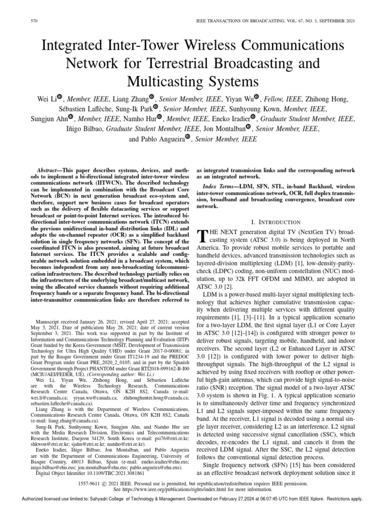 Integrated Inter-Tower Wireless Communications Network For Terrestrial Broadcasting and ...