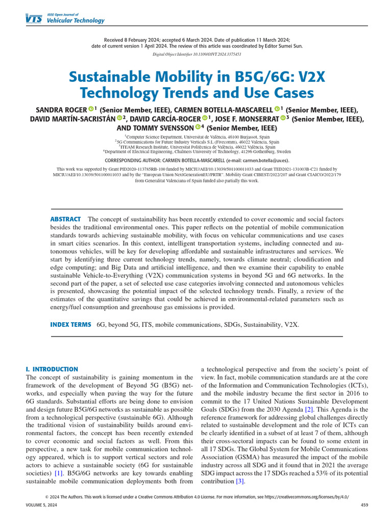 Sustainable Mobility In B5g 6g V2x Technology Trends And Use Cases Pdf Computer Network