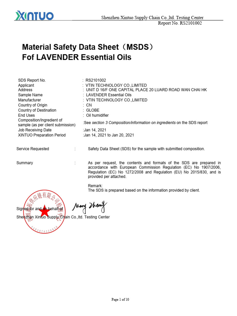 Lavender Essential Oil MSDS Report | PDF | Dangerous Goods | Toxicity