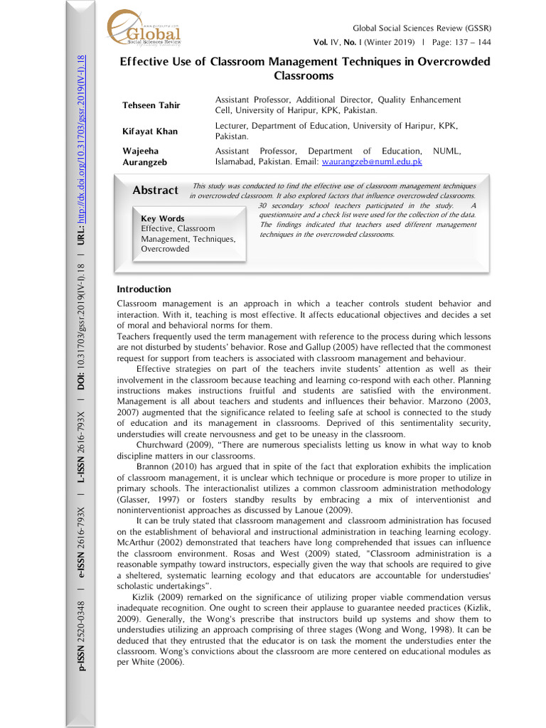 Effective CMT in Overcrowded Classes by Tehseen Tahir 2019 | PDF | Teachers | Classroom Management