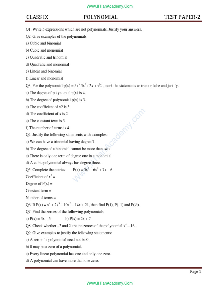 9th Polynomial Test Paper-2 | PDF