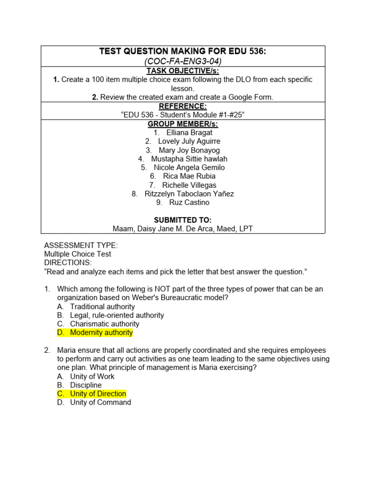 Test Question Making For Edu 536 | PDF | Leadership | Transformational ...